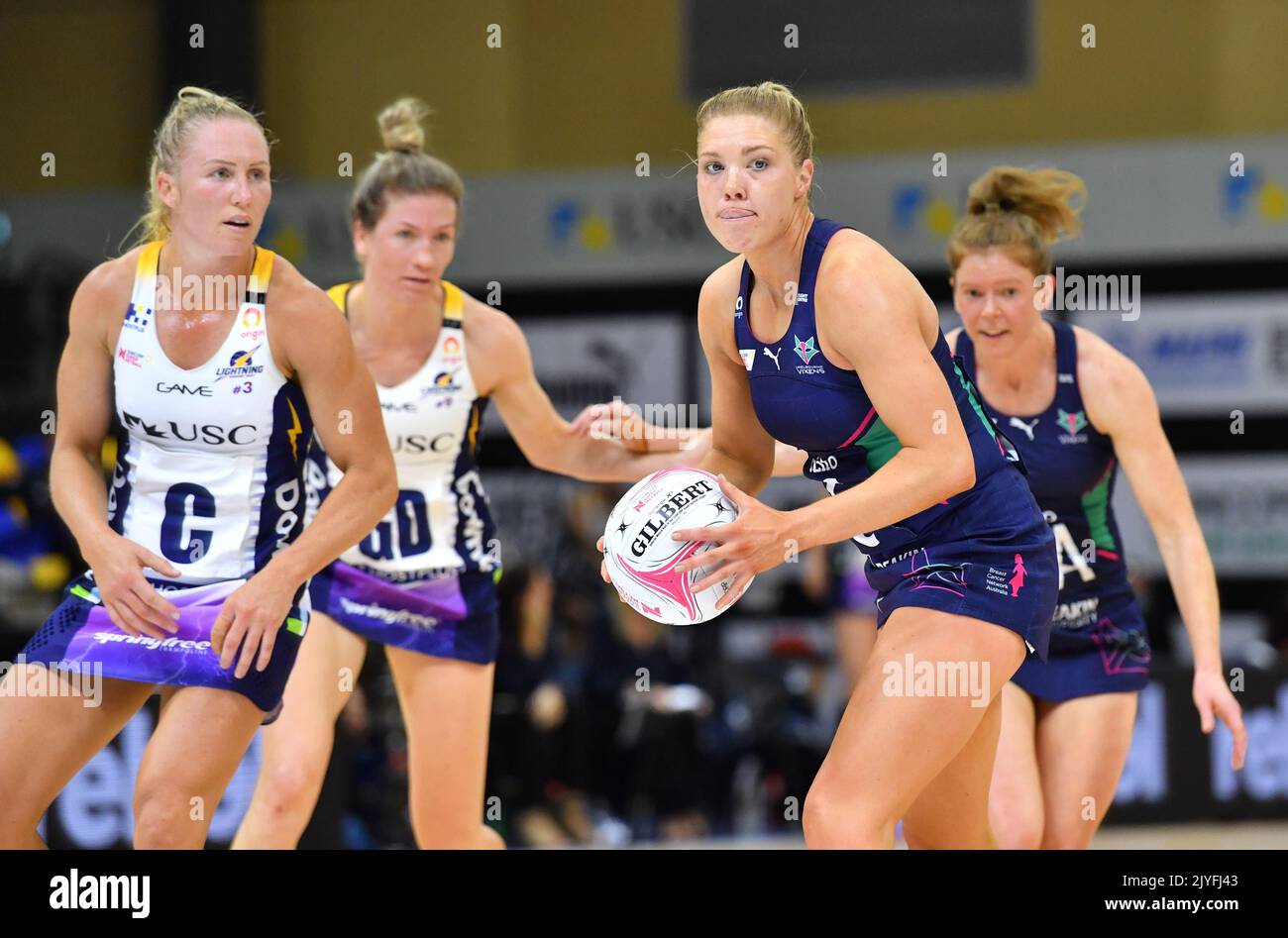 Kate Moloney (centre) of the Vixens in action during the Round 3 Super ...