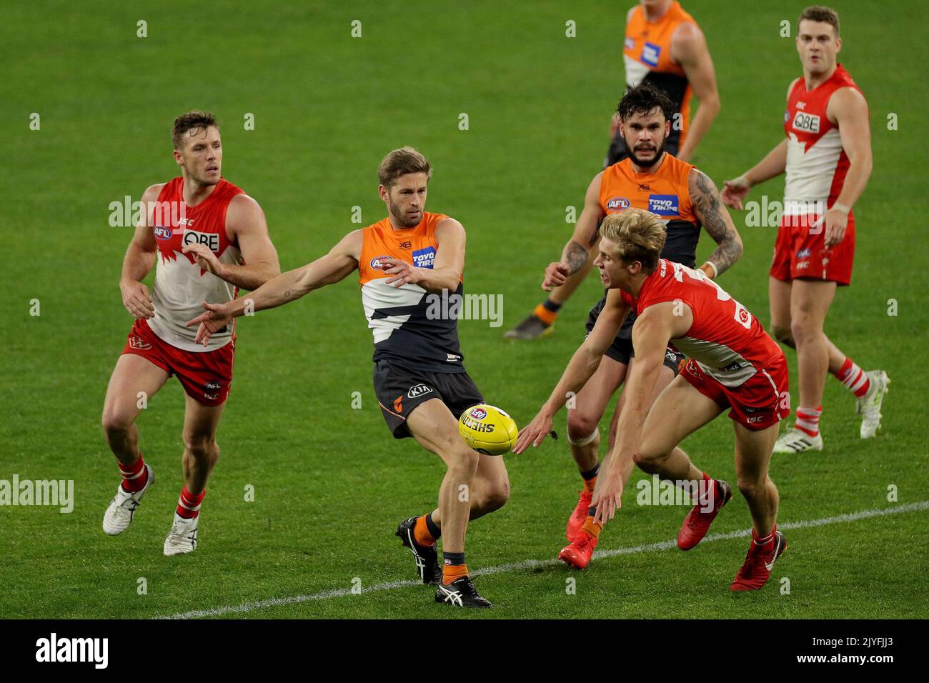 Callan Ward of the Giants kicks the ball during round 12 AFL match ...