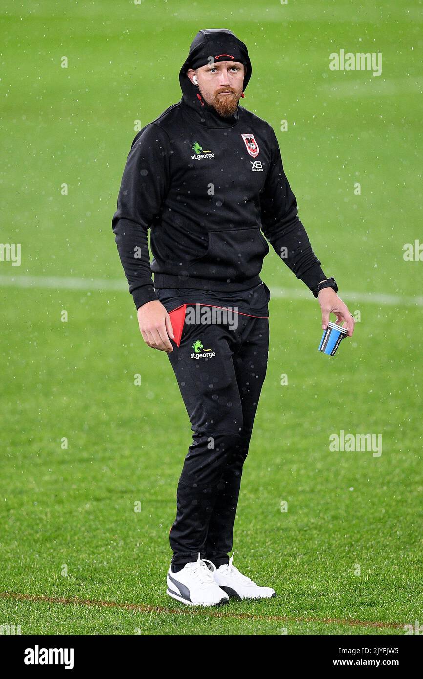 Korbin Sims of the Dragons is seen on the field prior to the Round 14 ...