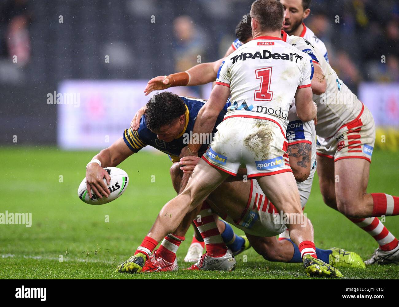 Kane Evans of the Eels scores a try during the Round 14 NRL match ...