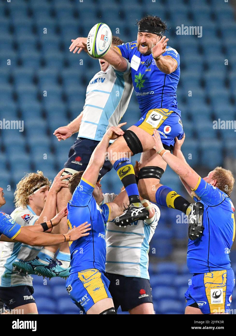 Jeremy Thrush (right) of the Force wins the line out ball during the ...