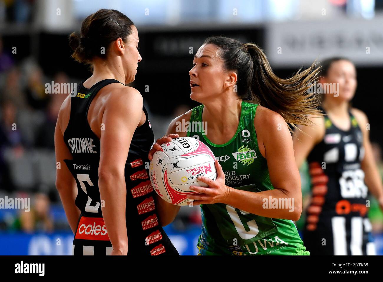 Verity Charles of the Fever in action during the Round 4 Super Netball ...