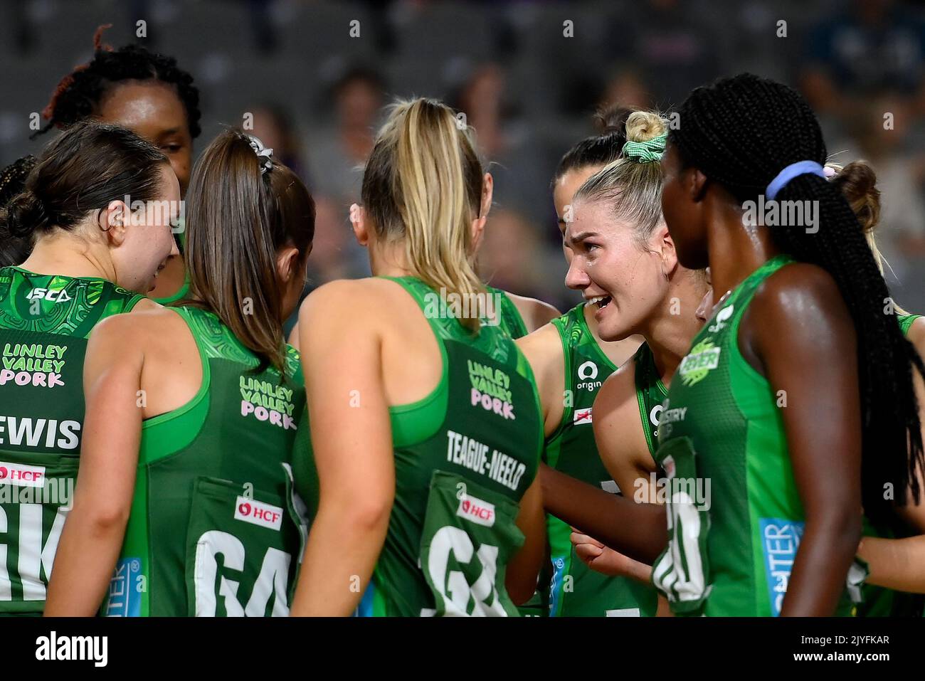 The West Coast Fever huddle after their victory during the Round 4 ...