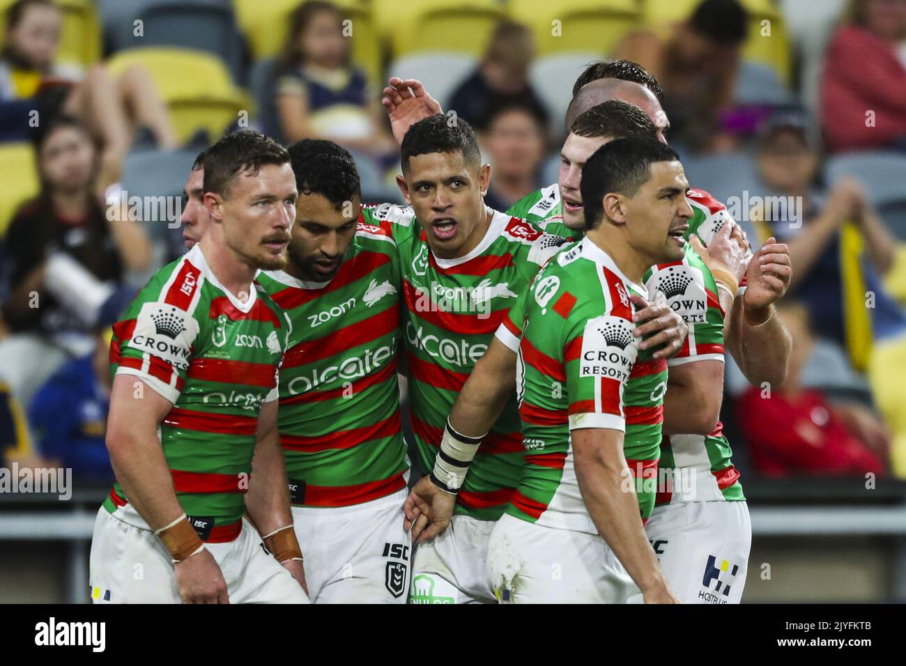Sydney Rabbitohs players celebrate a try during the Round 14 NRL match ...
