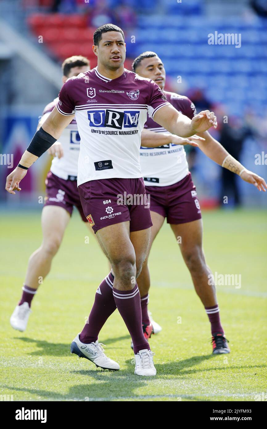 Taniela Paseka of the Sea Eagles warms up before the Round 14 NRL match ...