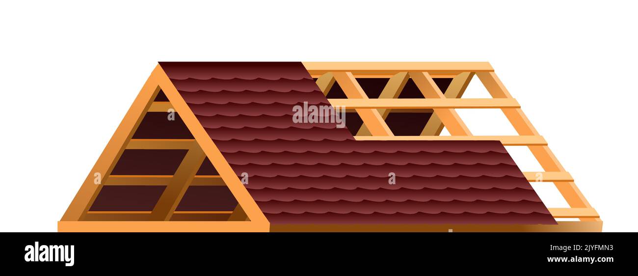 Tiling roofing material. Workers work on roof. Service illustration ...