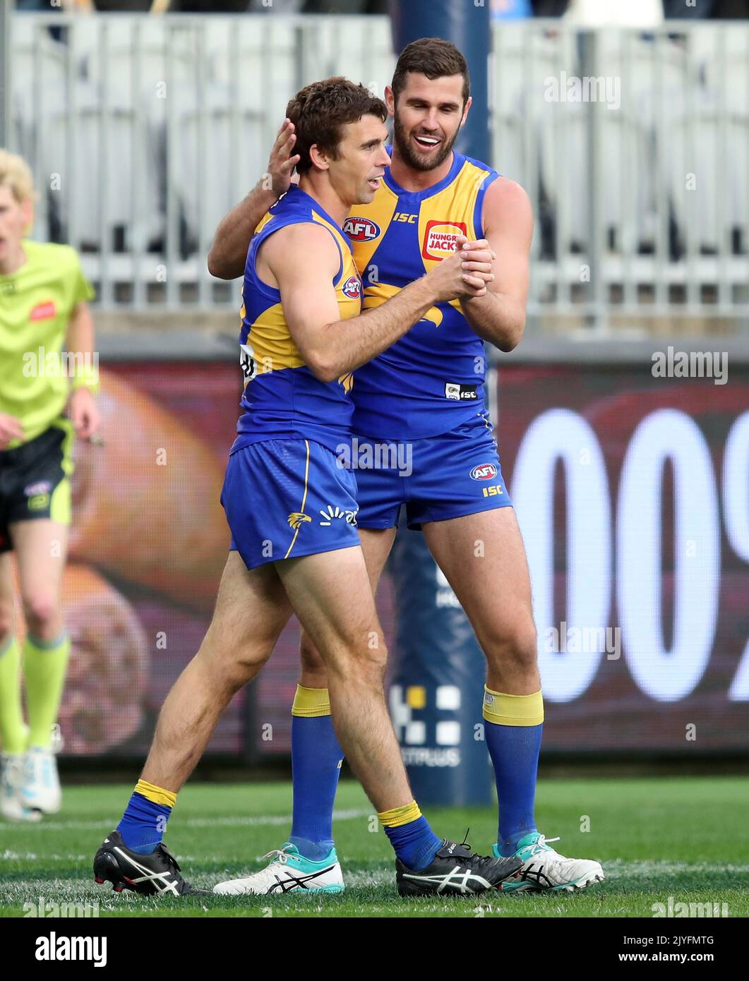 Jamie Cripps of the Eagles celebrates kicking a goal with Jack Darling ...