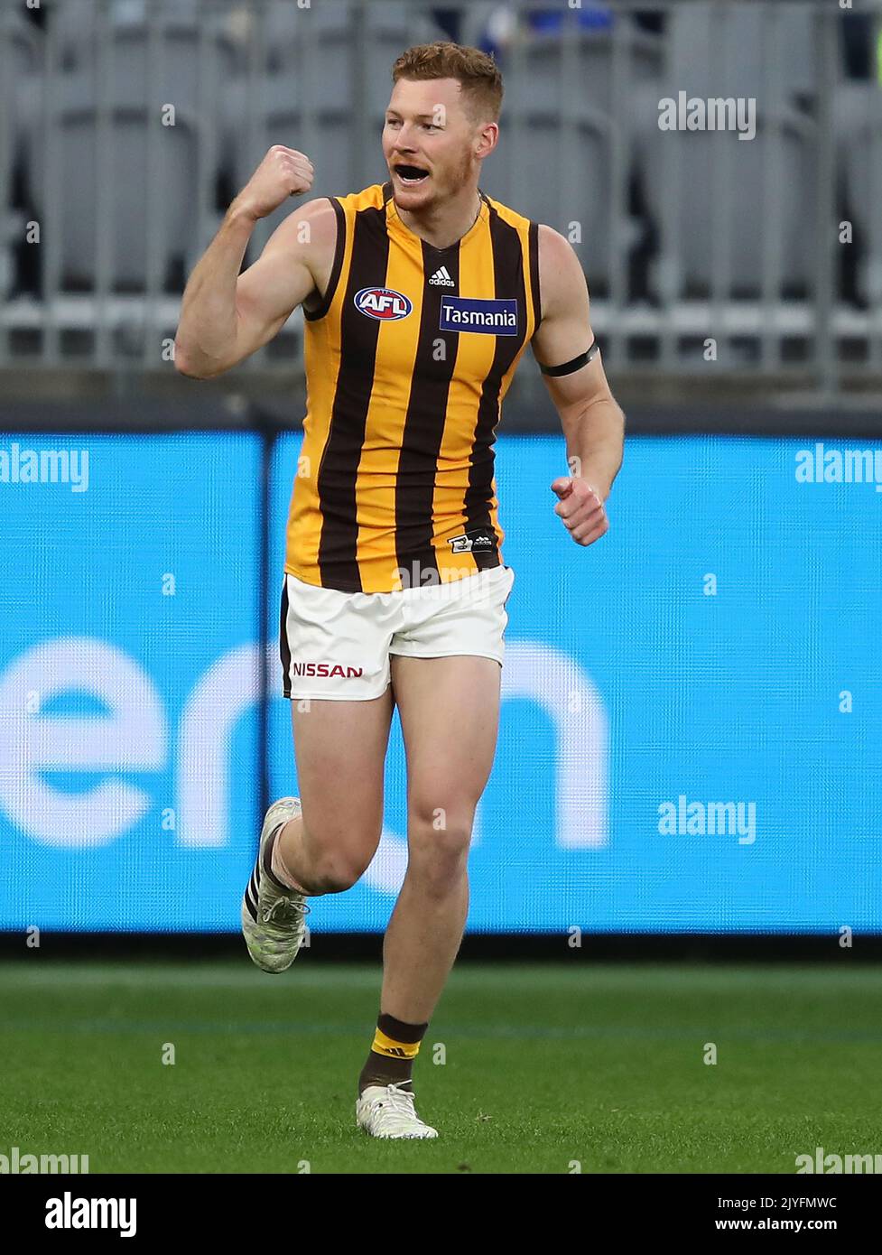Tim O’Brien of the Hawks celebrates kicking a goal during the Round 12 ...
