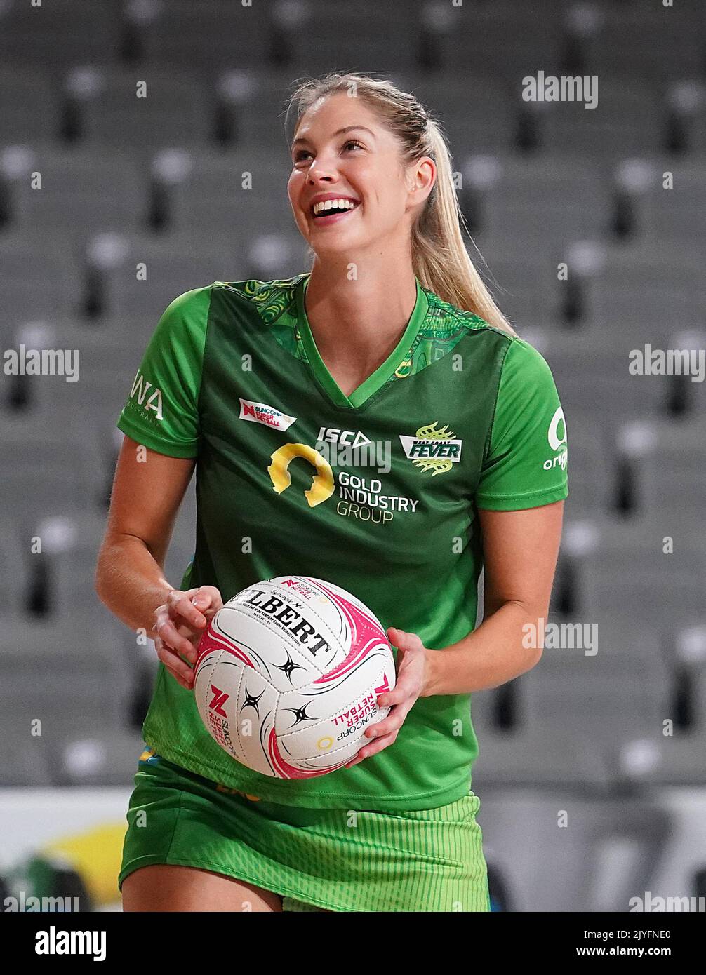 Kaylia Stanton of the Fever is seen during a warm up prior to the round ...
