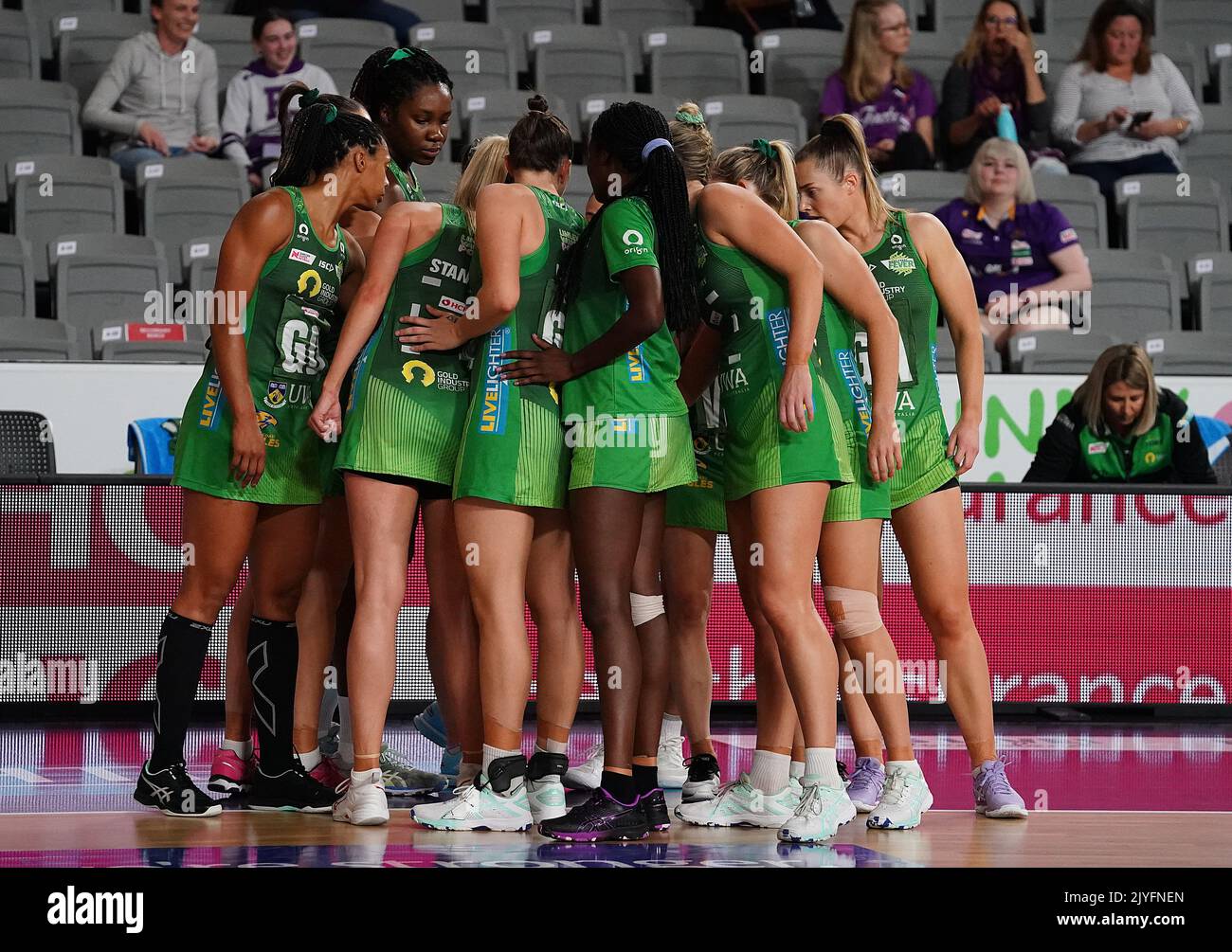 West Coast Fever huddle during the round 5 Super Netball match between ...