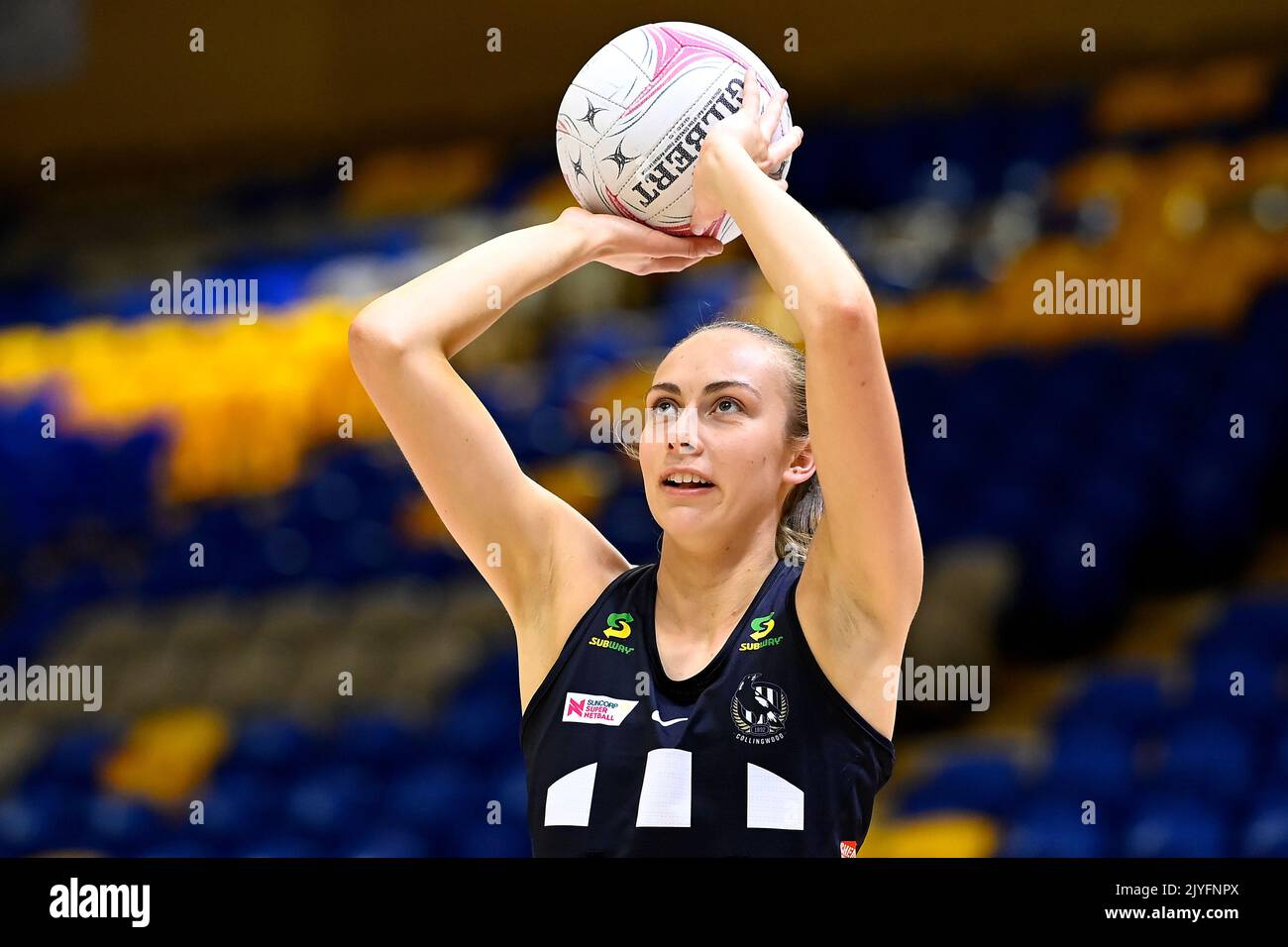 Nyah Allen of the Magpies shoots during warm ups during the round 5 ...