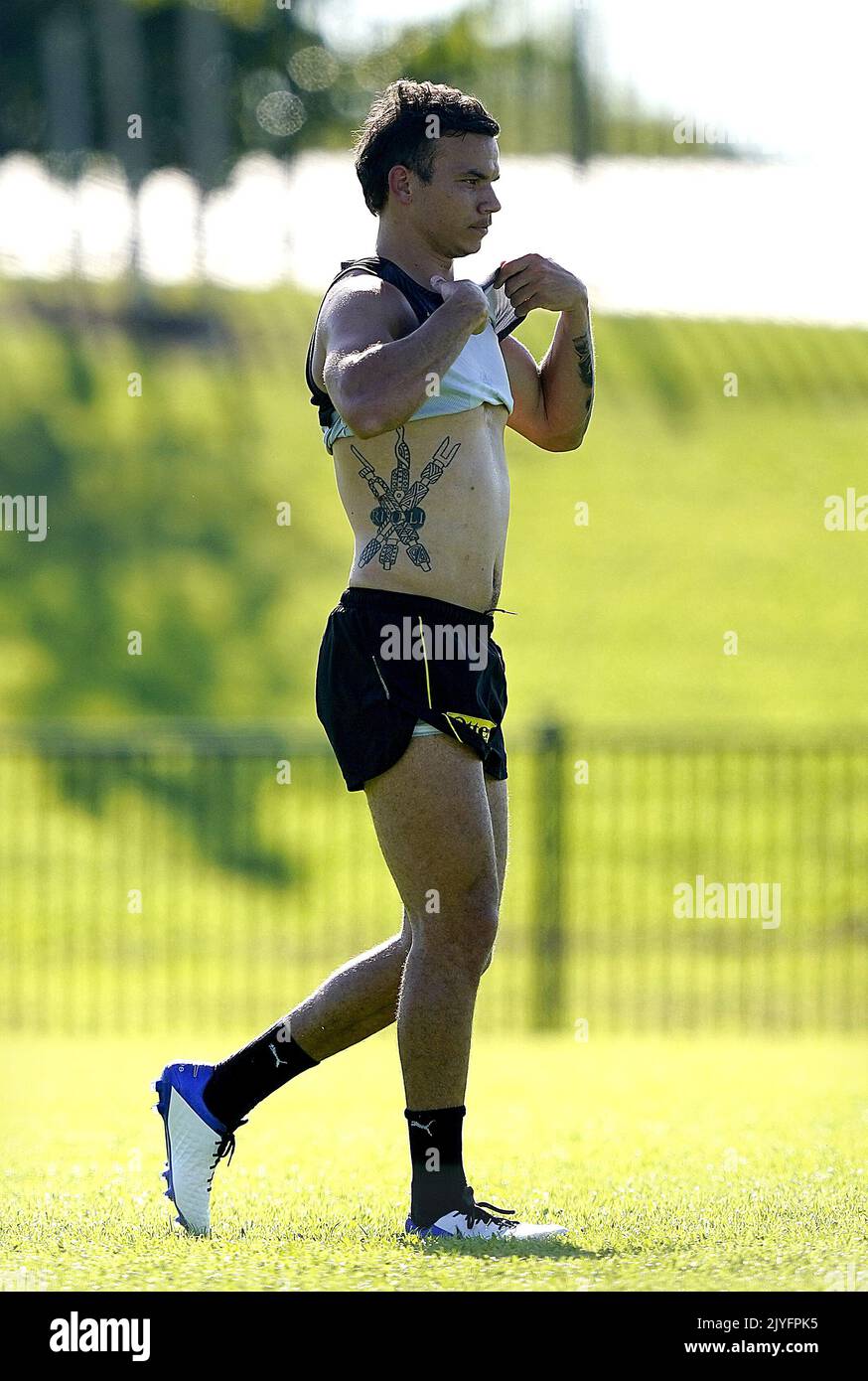 Daniel Rioli is seen with a Rioli tattoo during the Richmond Tigers ...