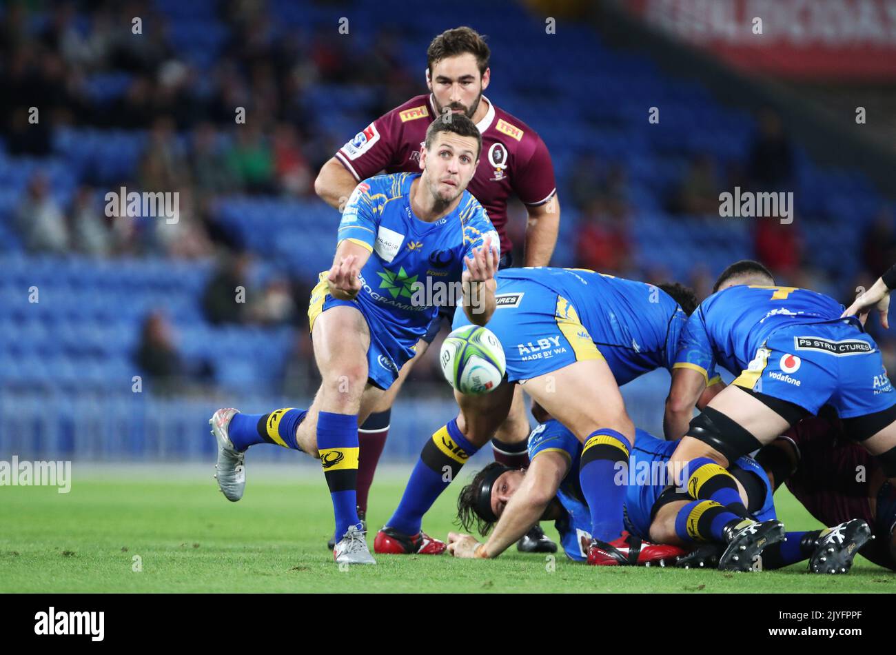 Force scrumhalf Ian Prior fires out a pass during the Round 8 Super ...