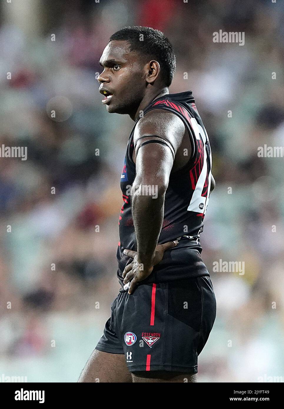 Bombers Debutant Irving Mosquito looks on during the Round 13 AFL match between the Essendon ...