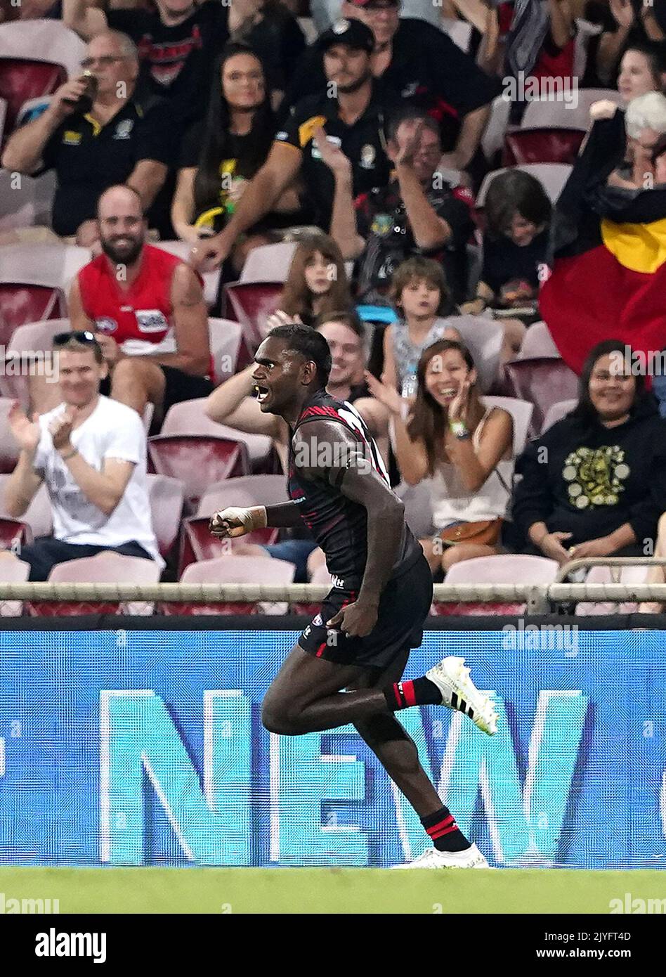 Bombers debutant Irving Mosquito react after kicking a goal during the Round 13 AFL match ...