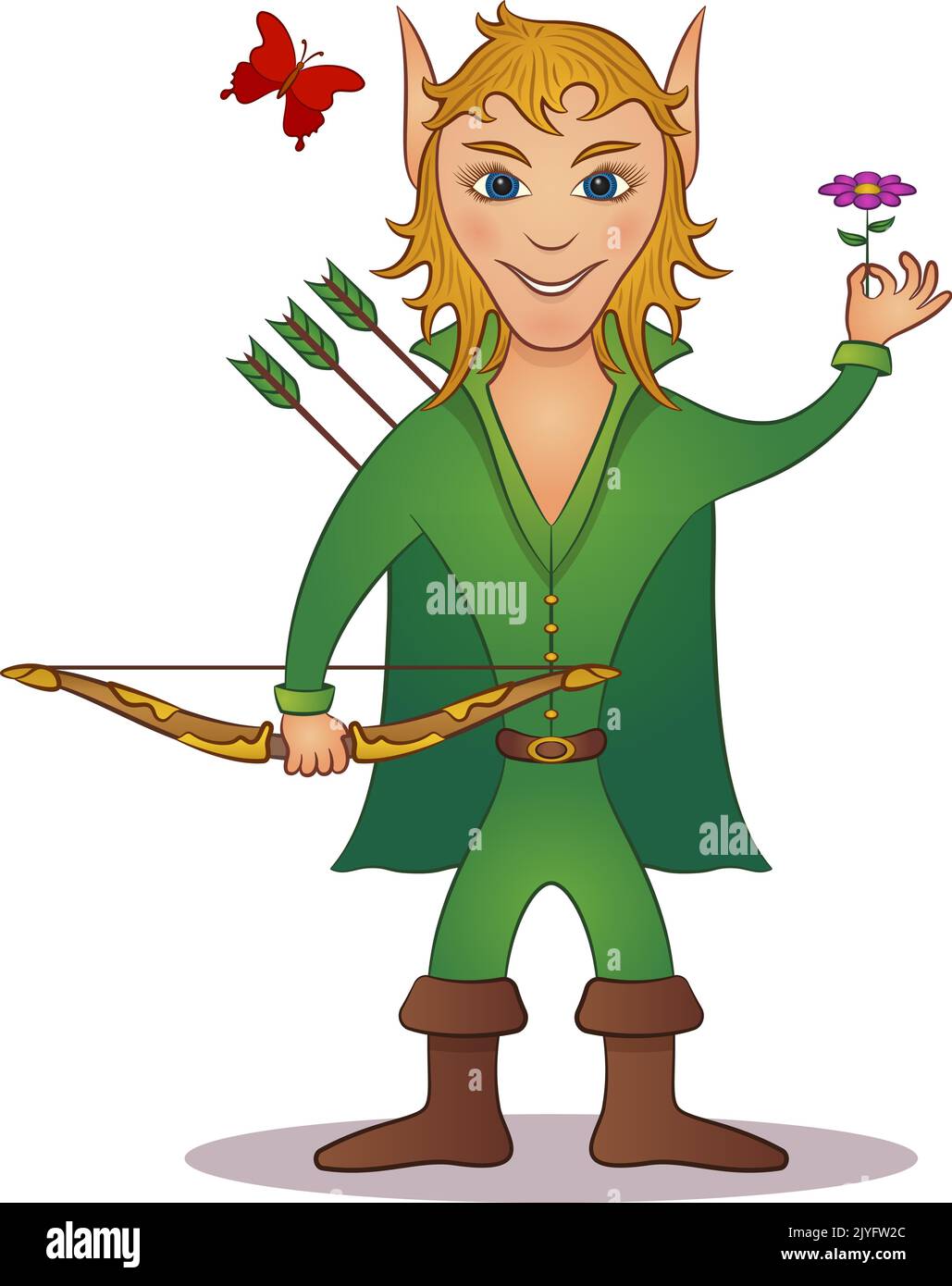 Elf Archer Standing With Bow And Arrows Butterfly And Flower Fantasy Funny Comic Cartoon