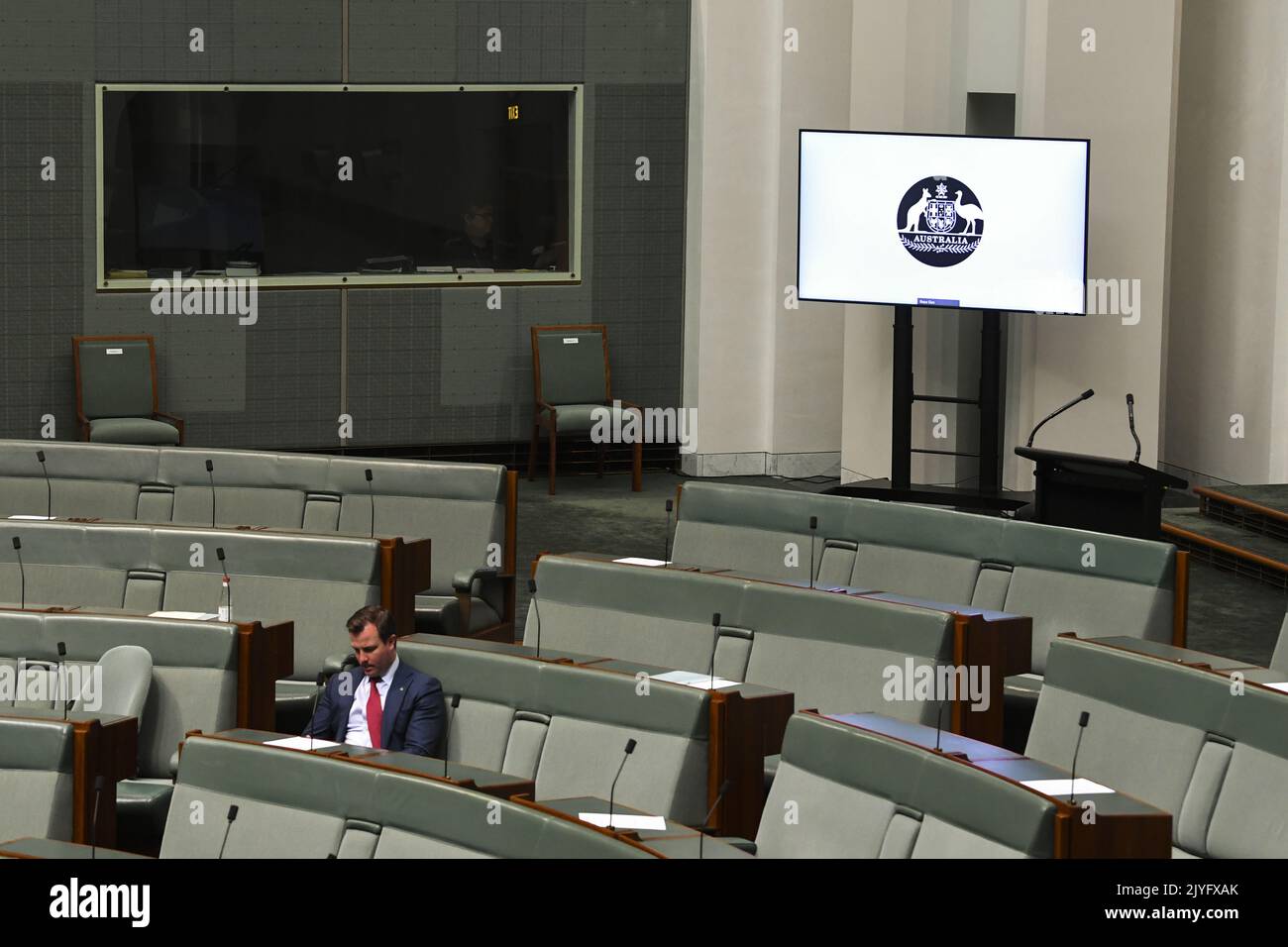 A screen used for MPs attending Parliament via video link is seen in ...