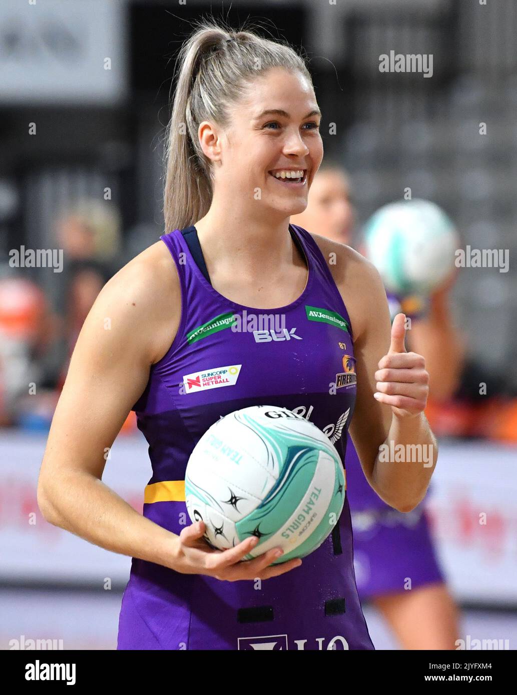 Kim Jenner of the Firebirds is seen warming up before the Round 7 Super ...