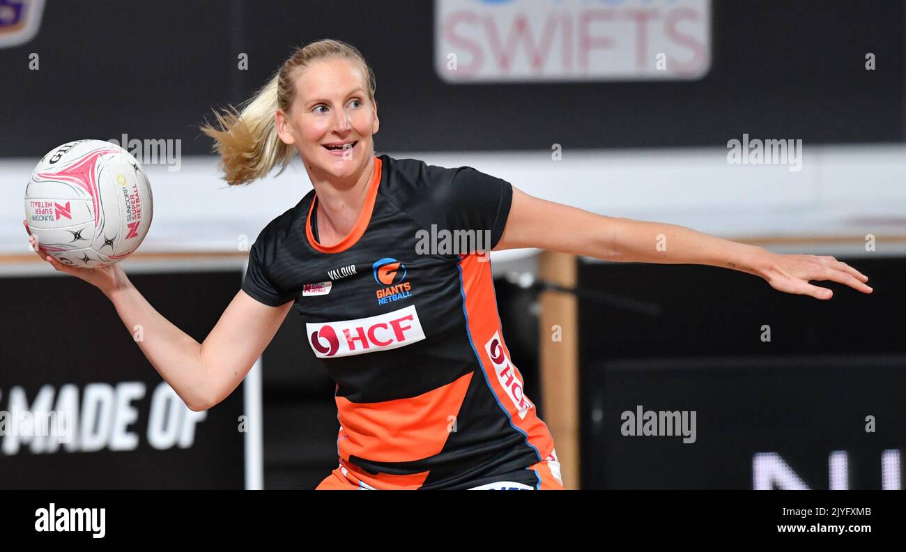April Brandley of the Giants is seen warming up before the Round 7 ...