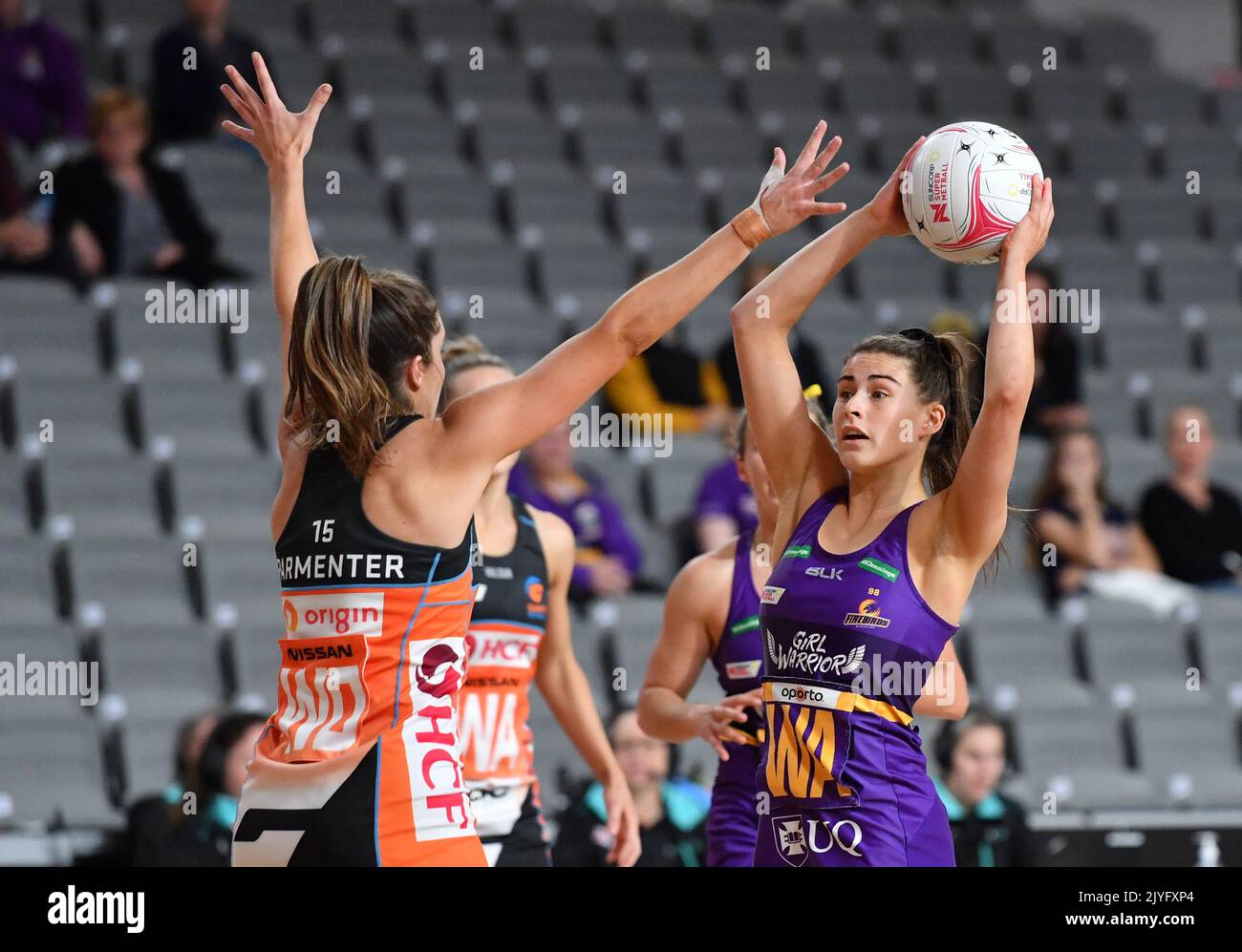 Macy Gardner (right) of the Firebirds in action during the Round 7 ...