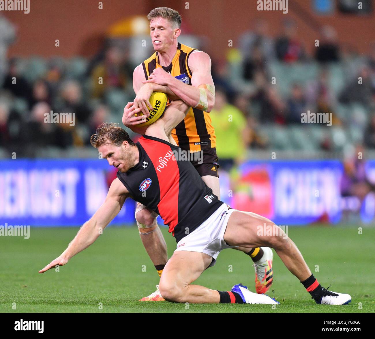 Sam Frost of the Hawks and James Stewart of the Bombers during the ...