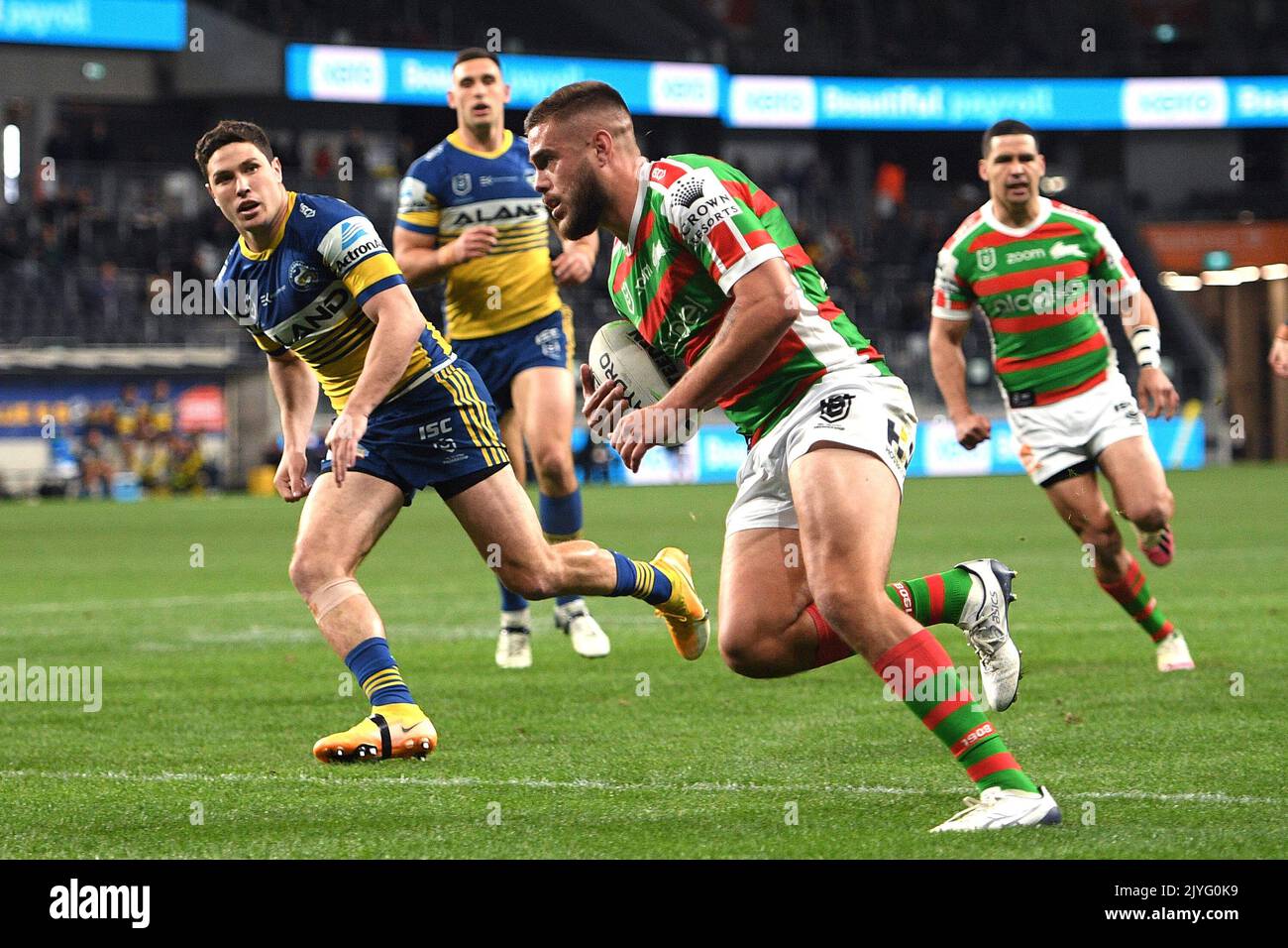 Corey Allan of the Rabbitohs scores a try during the round 16 NRL match ...
