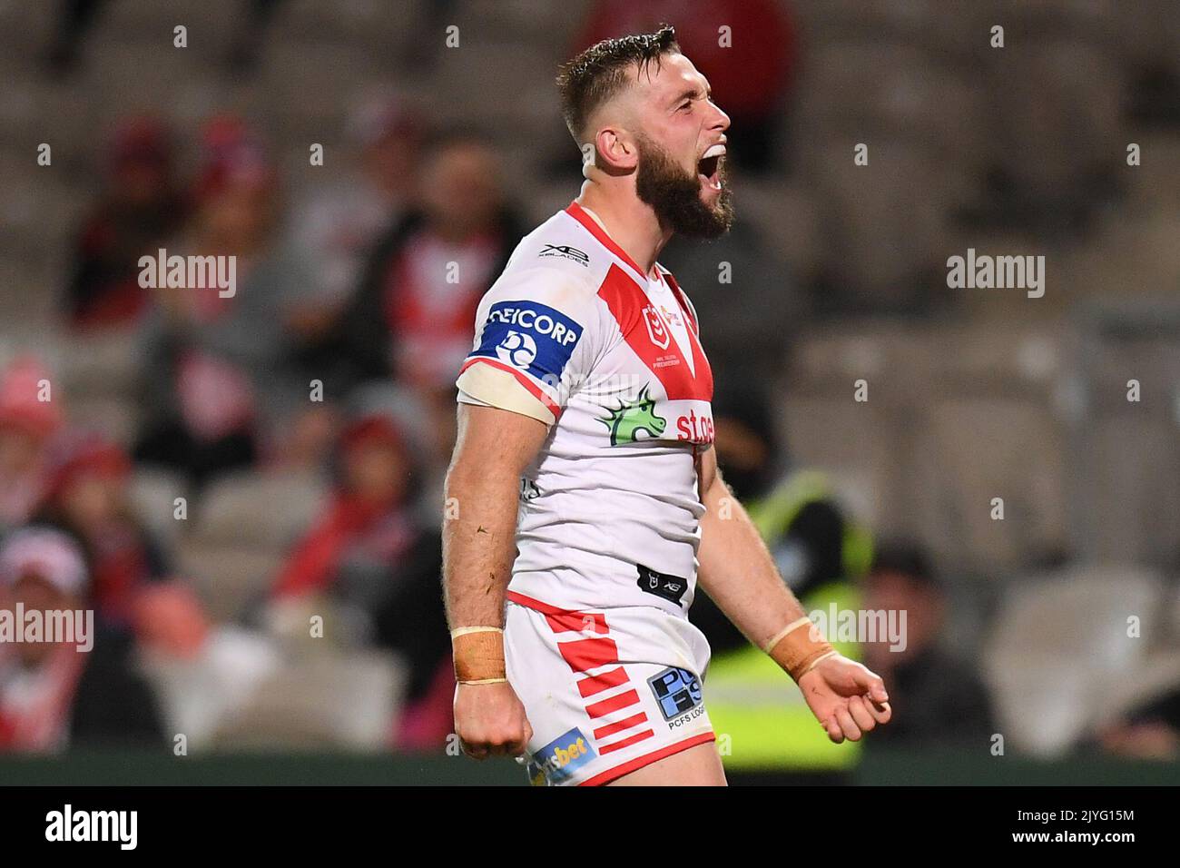 Jacob Host of the Dragons celebrates his try during the round 16 NRL ...
