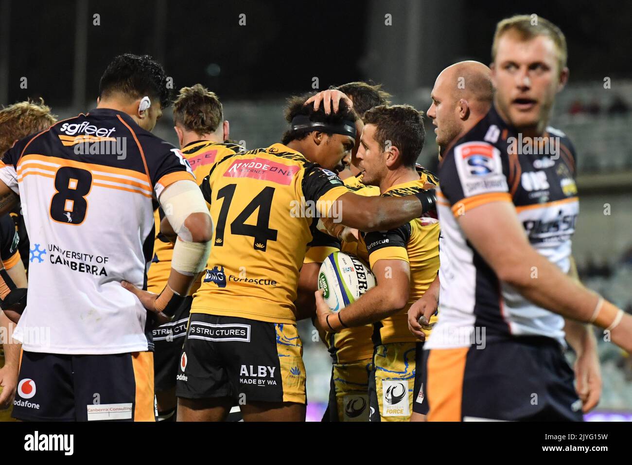 Force players celebrate after Fergus Lee-Warner scored a try during the ...