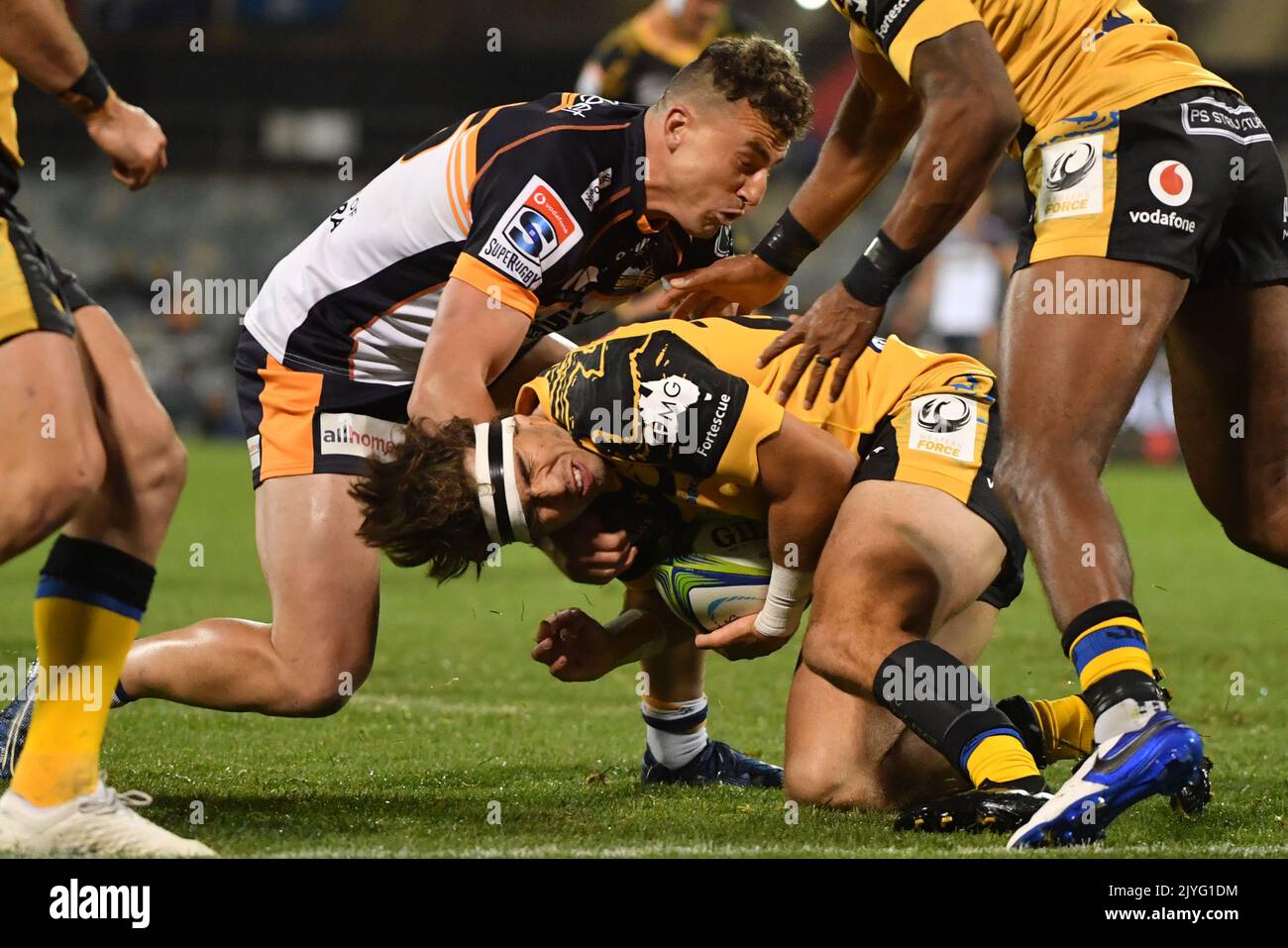 Force Jake Strachan is tackled during the round 9 Super Rugby match ...