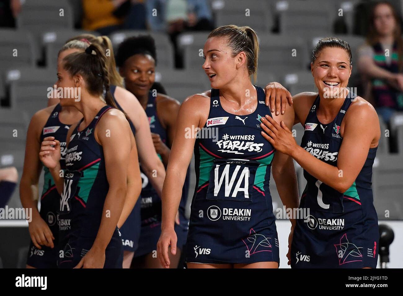 Melbourne Vixens player celebrate victory during the Round 8 Super ...