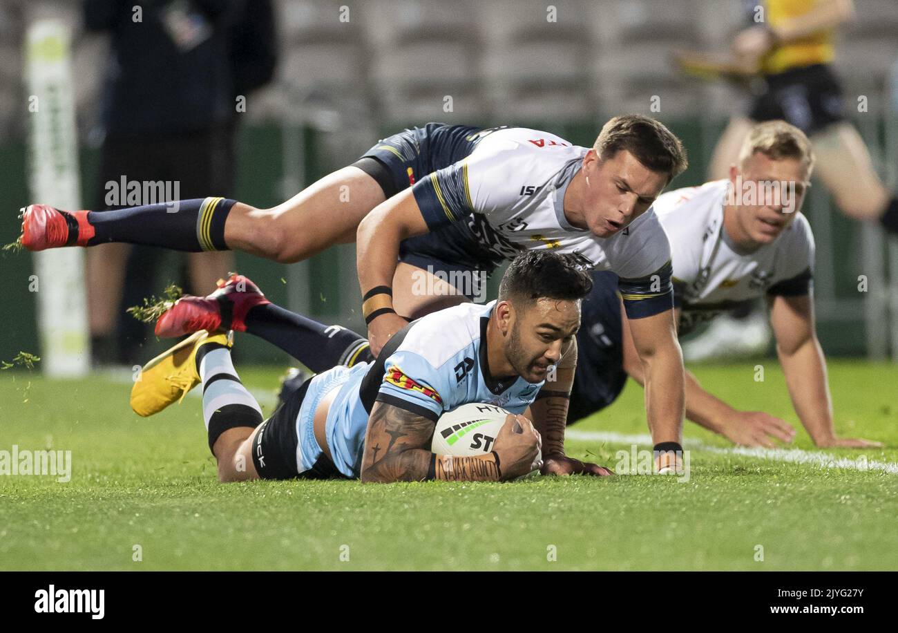 Briton Nikora of the Sharks scores during the Round 16 NRL match ...