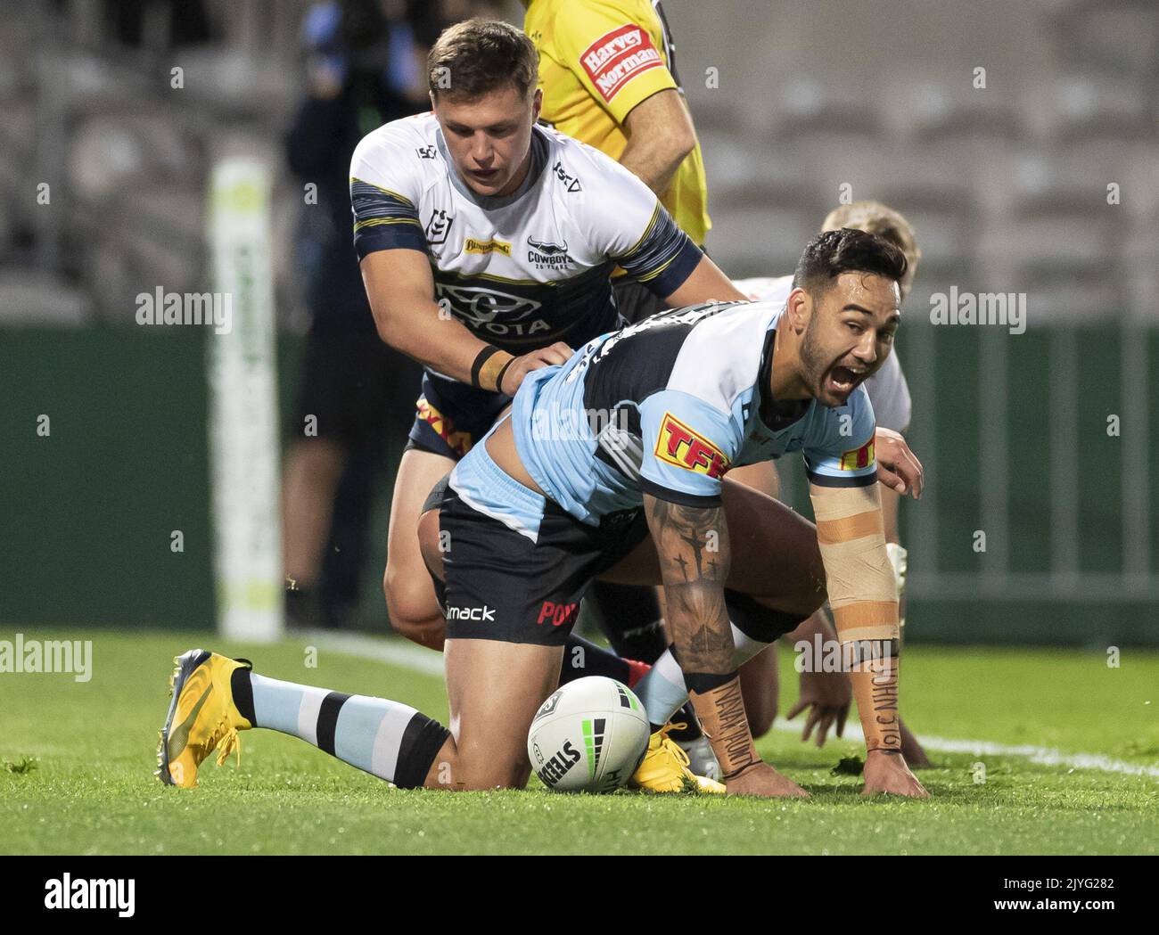 Briton Nikora of the Sharks scores during the Round 16 NRL match ...