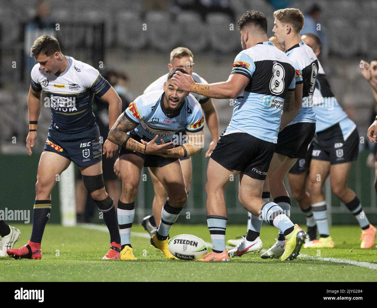 Briton Nikora of the Sharks scores during the Round 16 NRL match ...