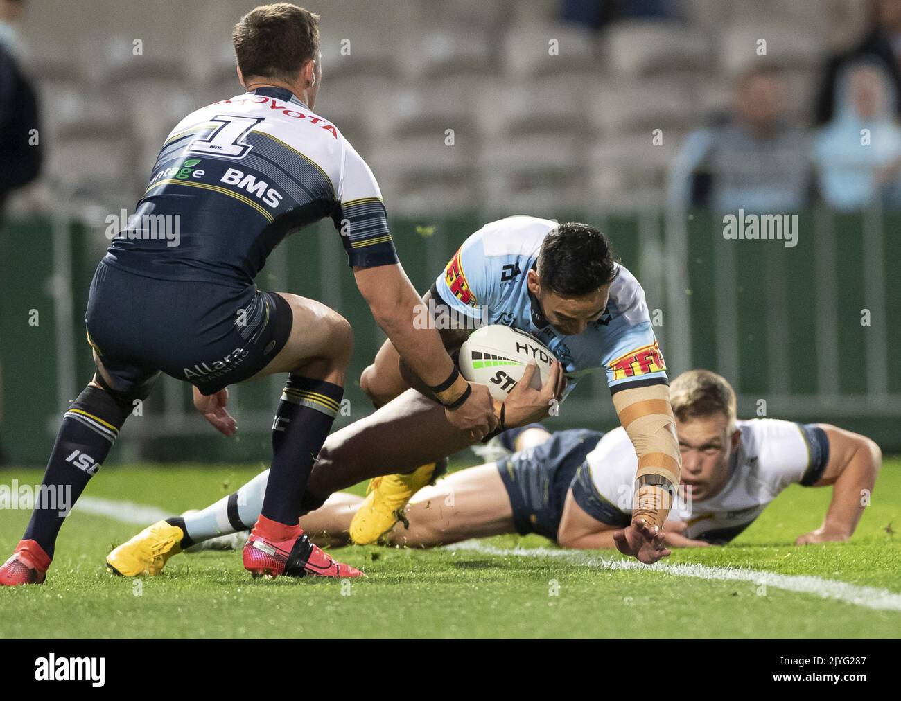 Briton Nikora of the Sharks scores during the Round 16 NRL match ...