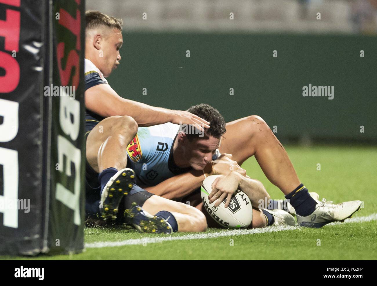 Connor Tracey of the Sharks scores during the Round 16 NRL match ...