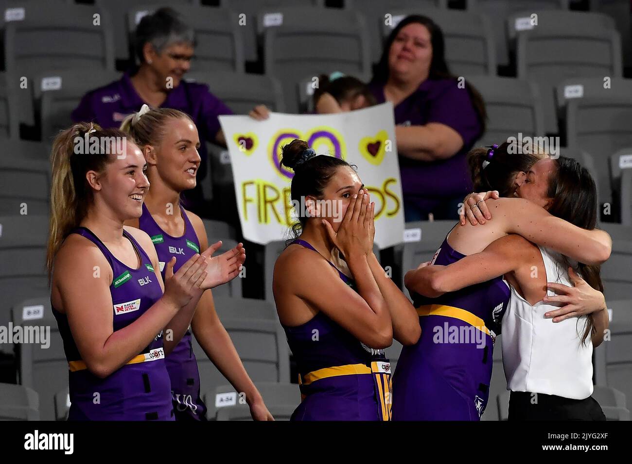 Firebirds players celebrate during the Round 8 Super Netball match ...