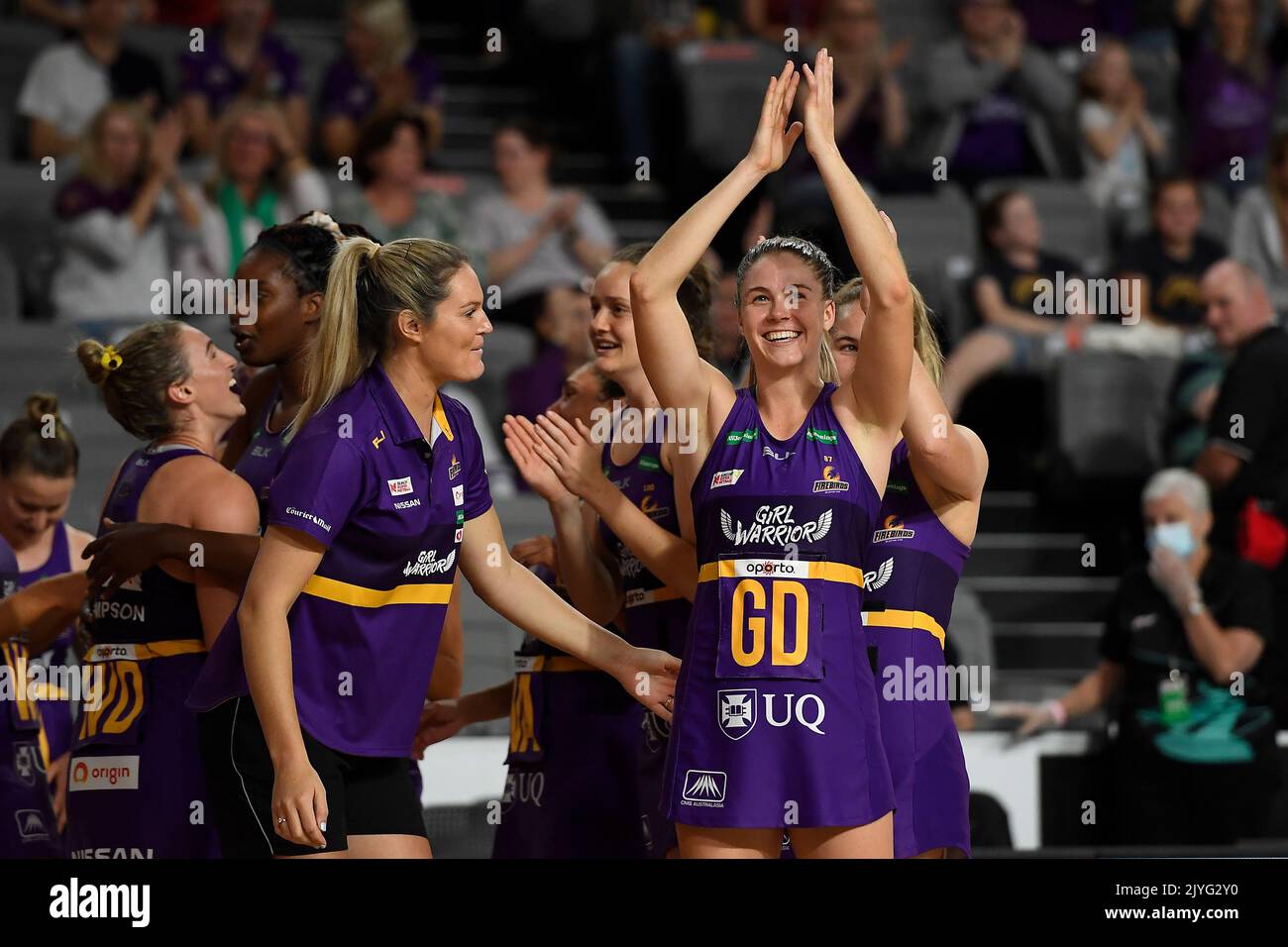 Kim Jenner of the Firebirds celebrates during the Round 8 Super Netball ...