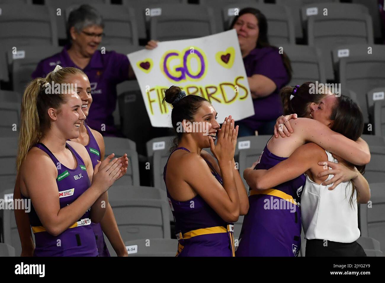 Firebirds players celebrate during the Round 8 Super Netball match ...