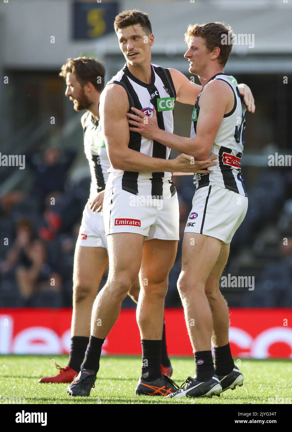 Brody Mihocek of the Magpies celebrates a goal during the Round 14 AFL ...
