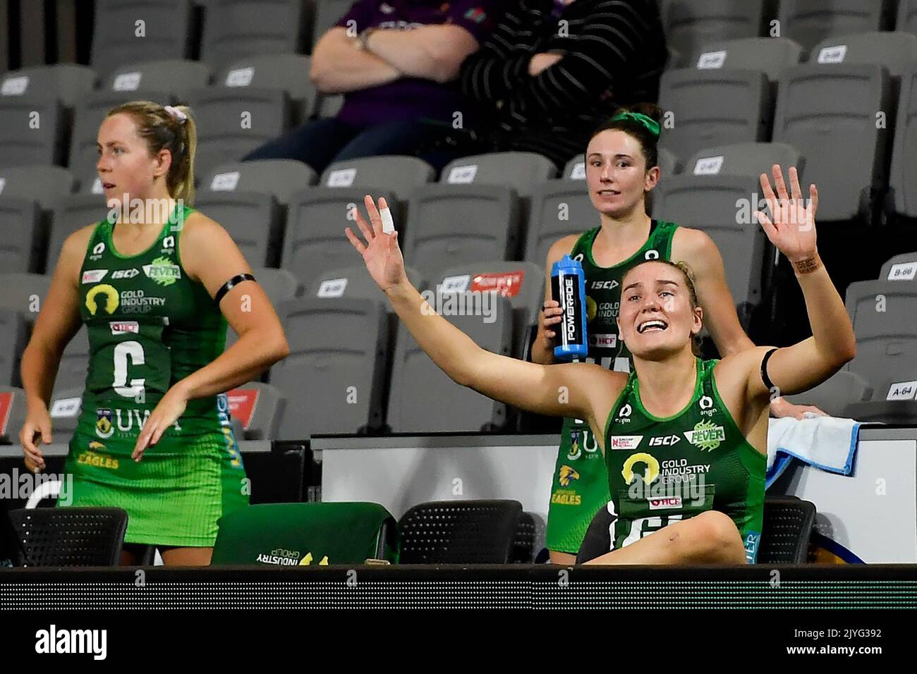Courtney Bruce of the Fever reacts during the Round 8 Super Netball ...
