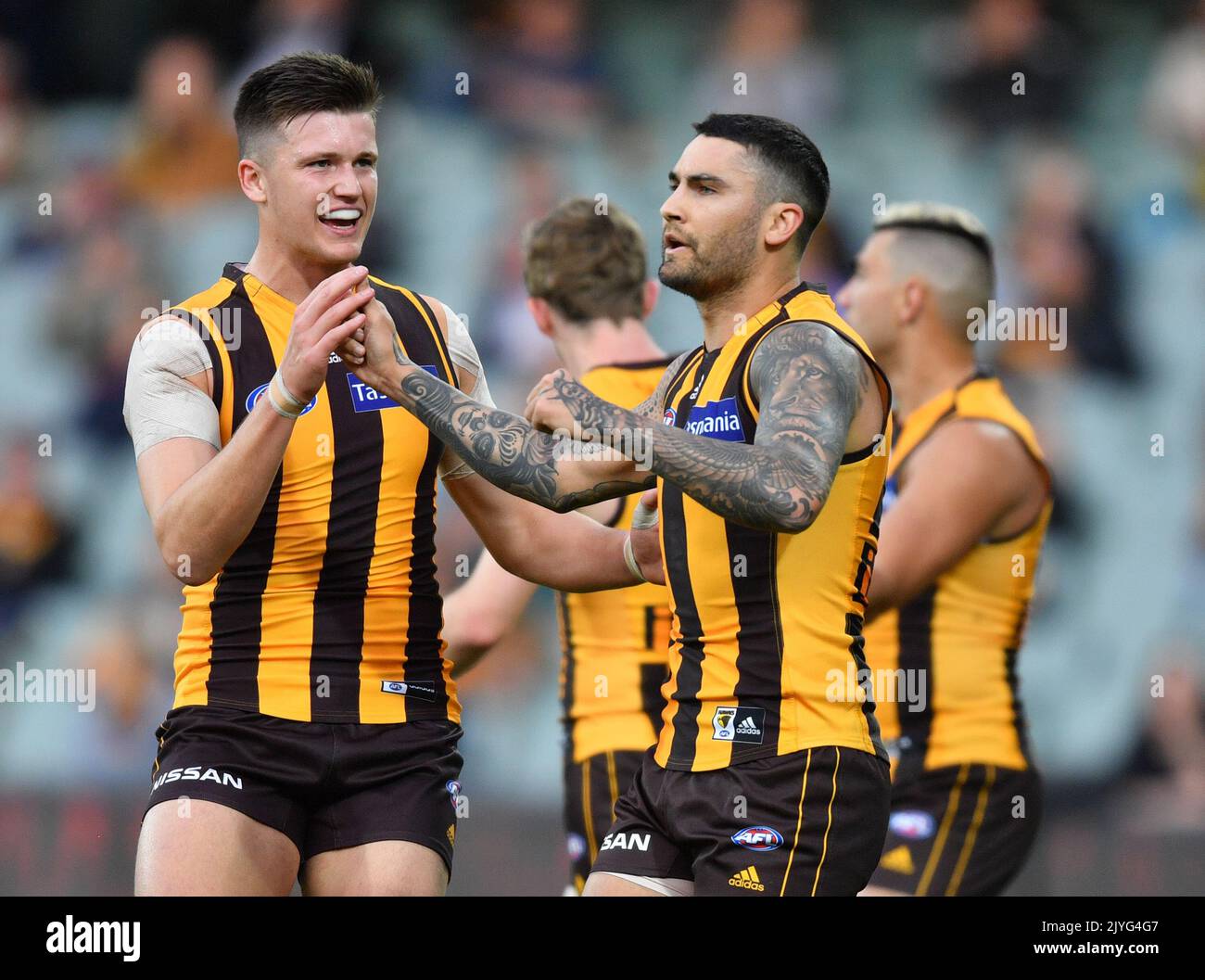 Chad Wingard of the Hawks reacts after scoring a goal during the Round ...