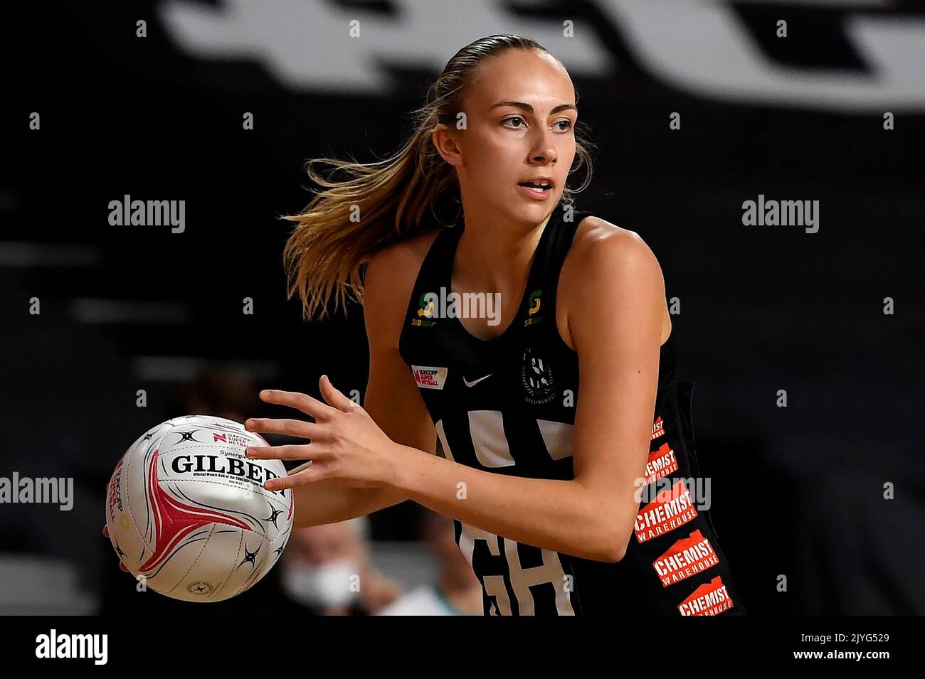 Nyah Allen of the Magpies in action during the Round 9 Super Netball ...