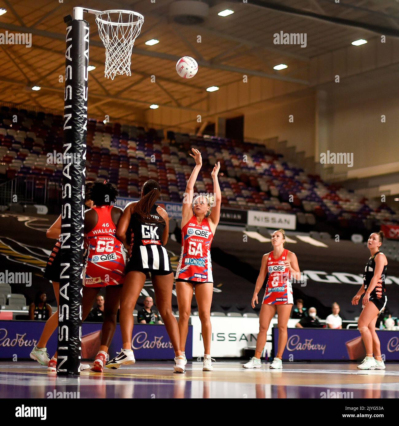 Kelly Singleton of the Swifts shoots during the Round 9 Super Netball ...