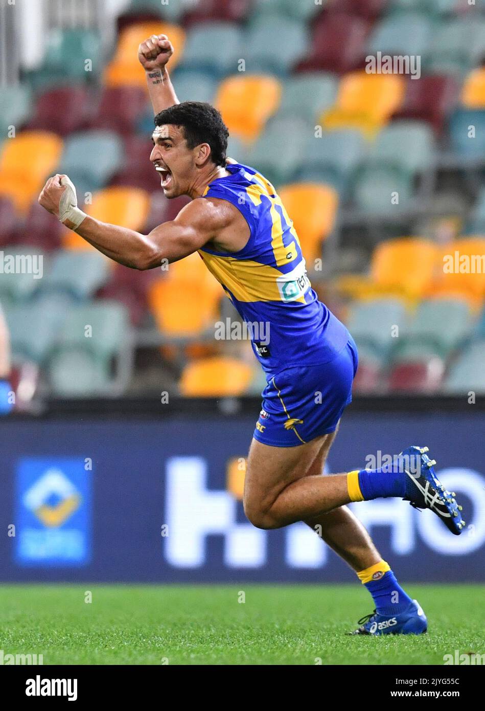 Tom Cole of the Eagles celebrates kicking a goal during the Round 15 ...
