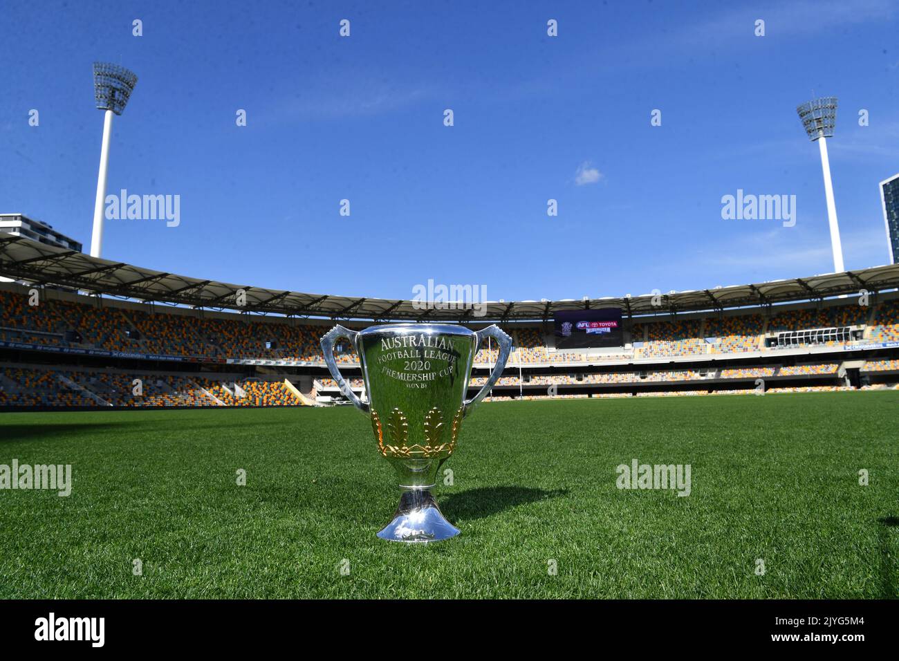 The AFL Premiership Cup is seen on the Gabba surface after the ...