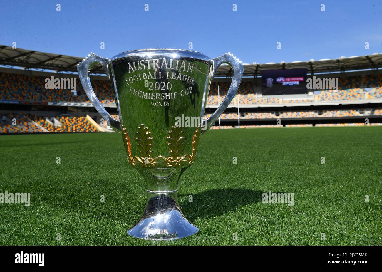 The AFL Premiership Cup is seen on the Gabba surface after the ...