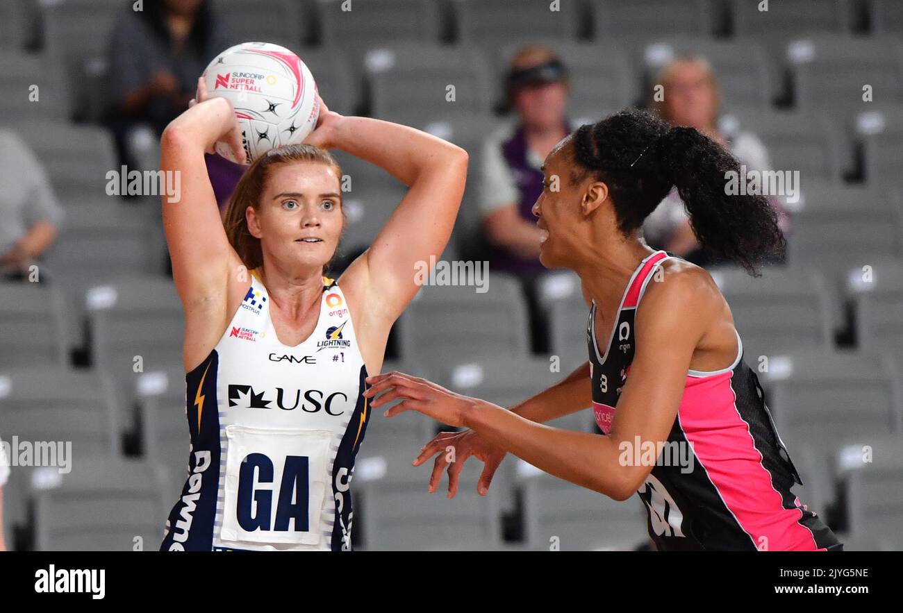 Stephanie Wood (left) of the Lightning in action during the Round 9 ...