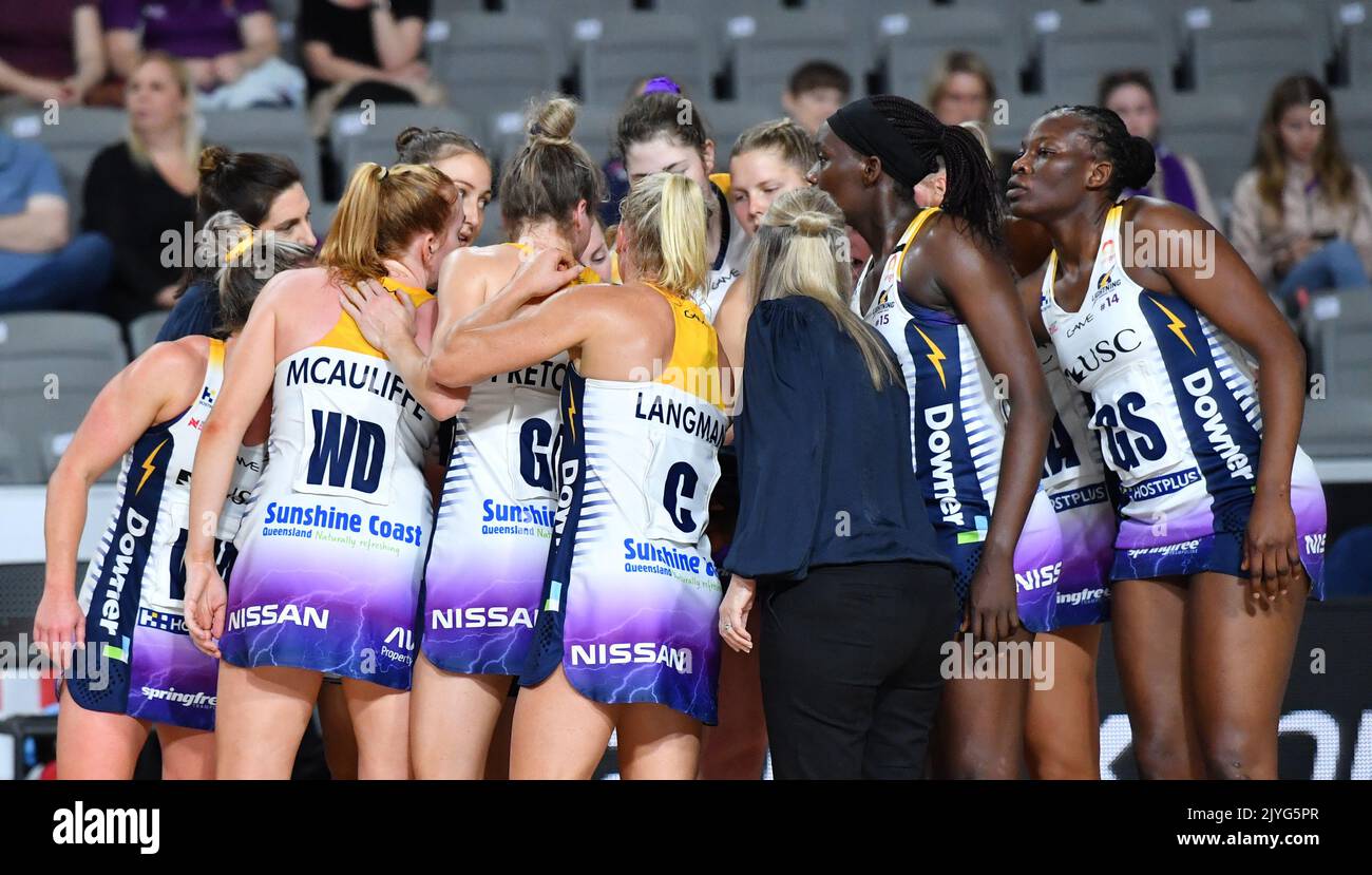 Lightning players are seen during the Round 9 Super Netball match ...