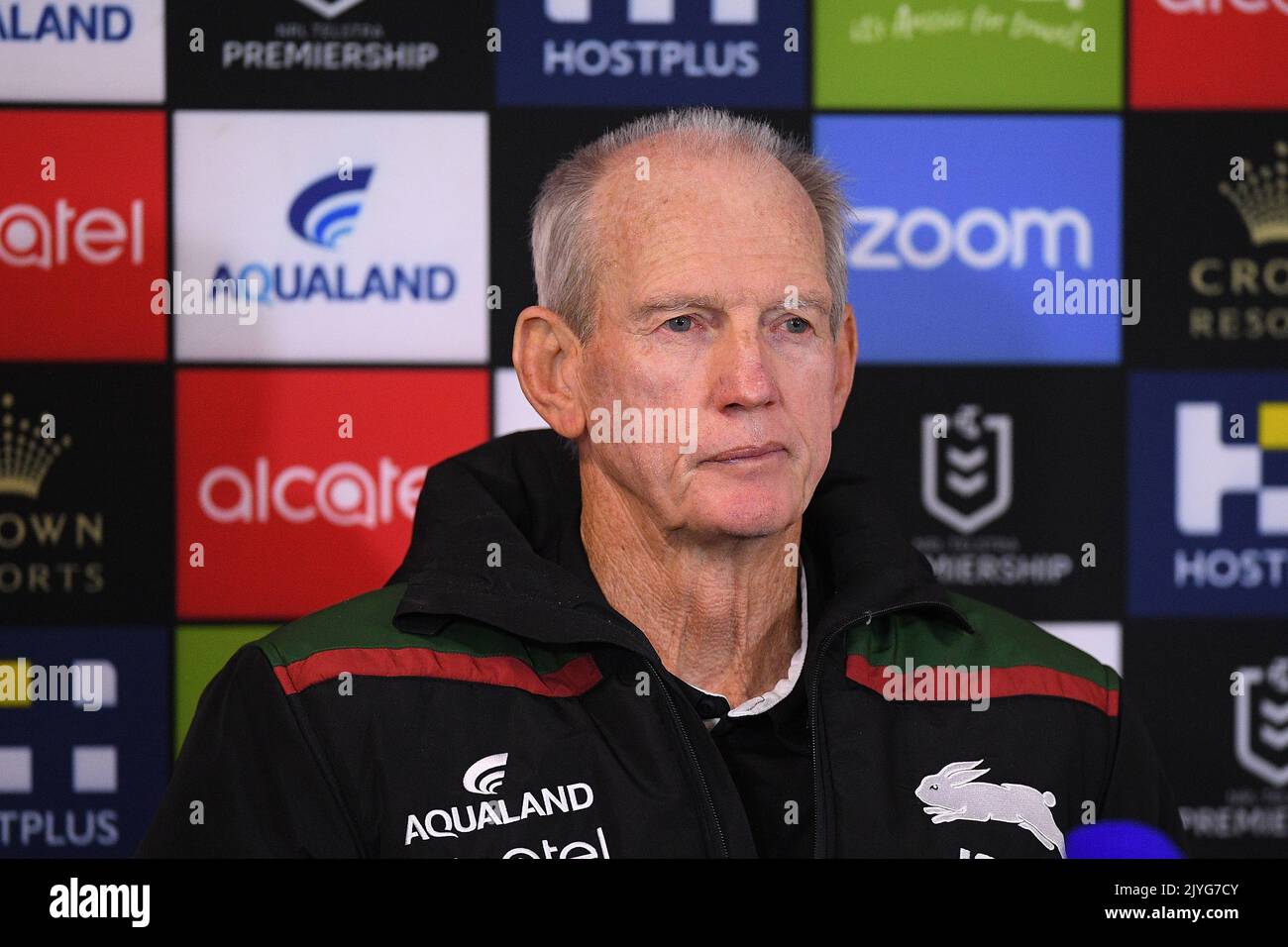 Rabbitohs coach Wayne Bennett speaks during a press conference ...