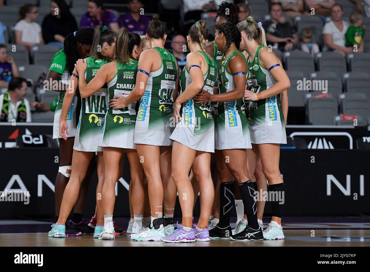 The West Coast Fever huddle during the Round 10 Super Netball match ...